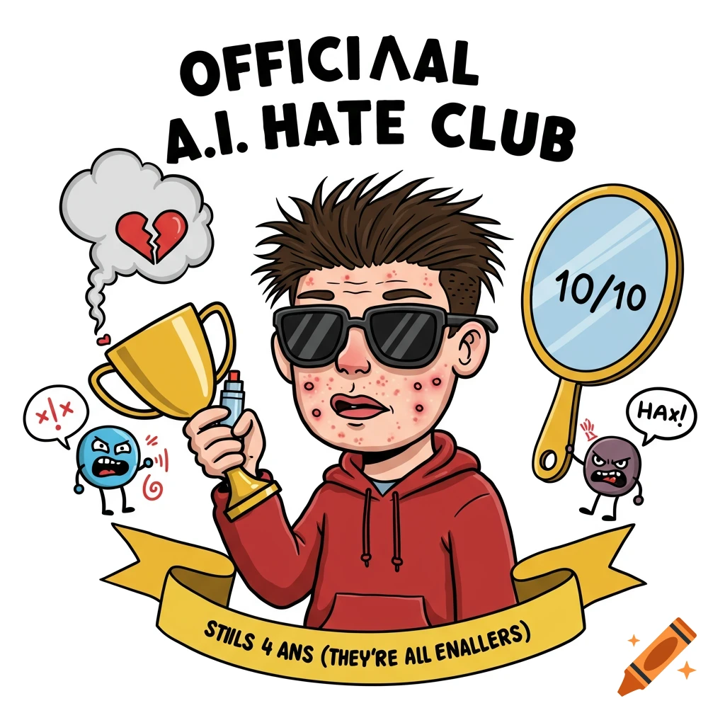 Cartoon logo for 'Official A.I. Hate Club' featuring a goofy guy with ...