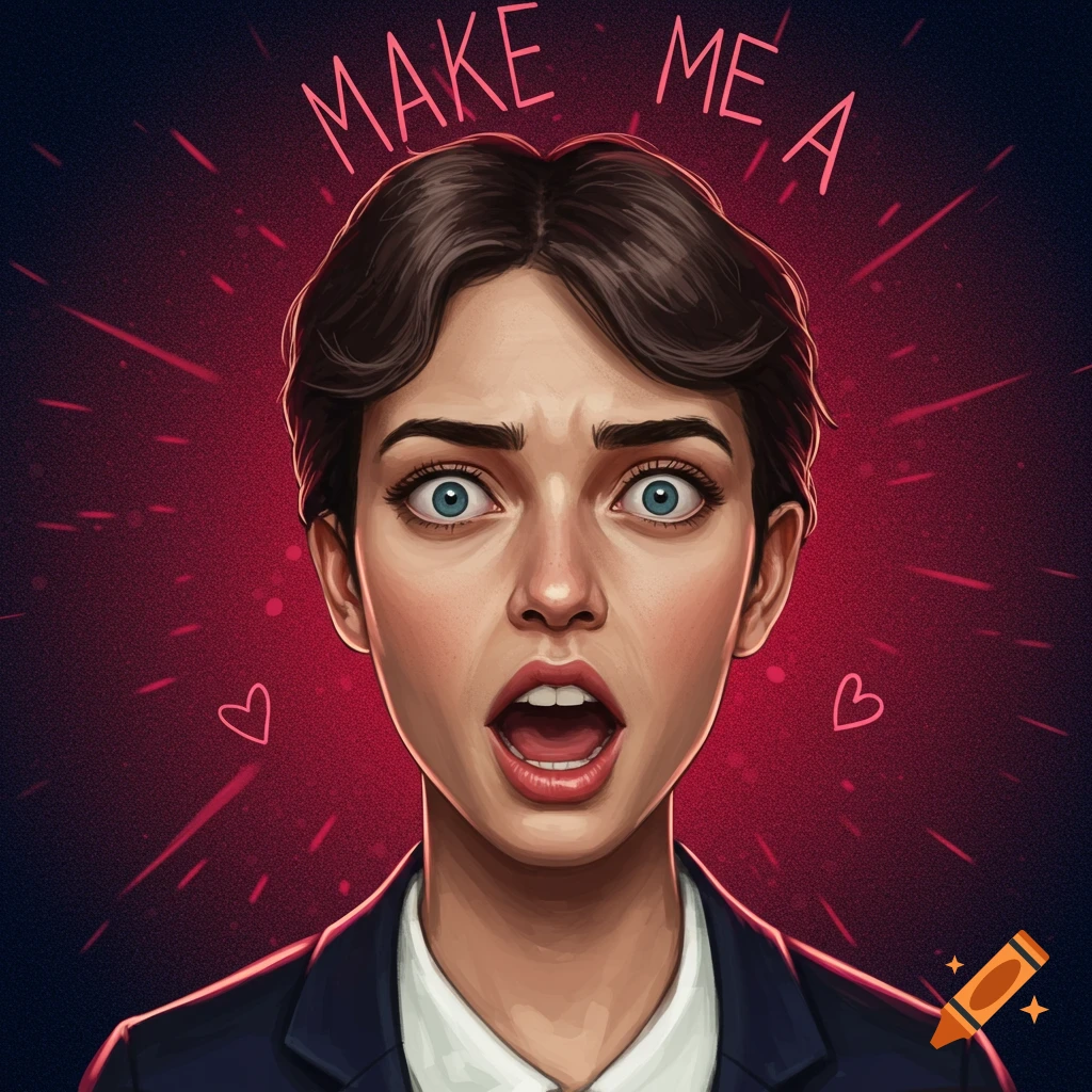 Stylized digital illustration of a surprised woman's face with the text MAKE ME A above her head ...