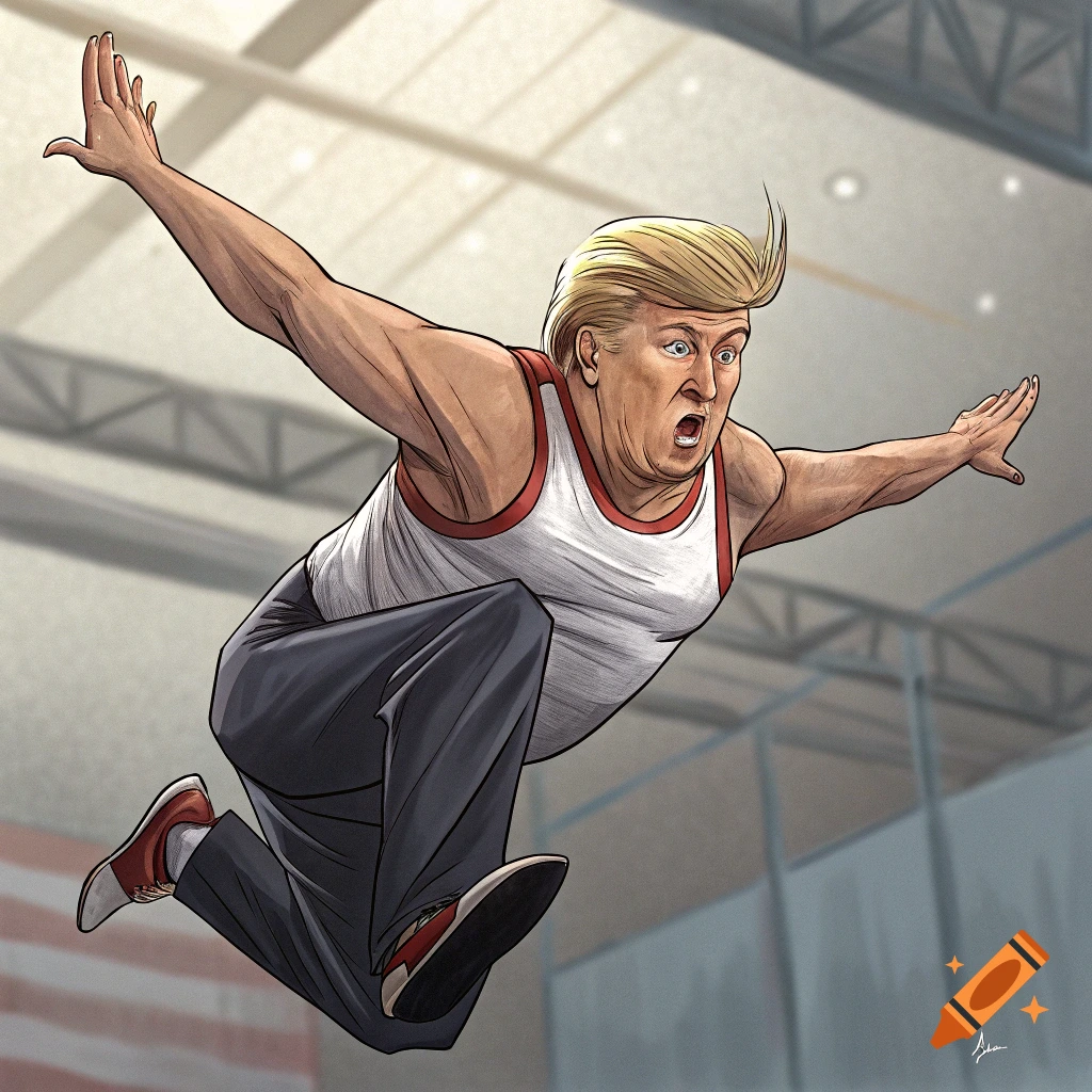 Cartoon illustration of Donald Trump jumping in a gym wearing a tank ...