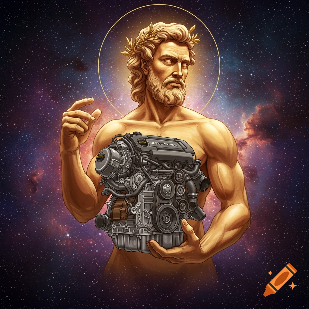 A muscular, god-like figure with a wreath holding a car engine in space ...
