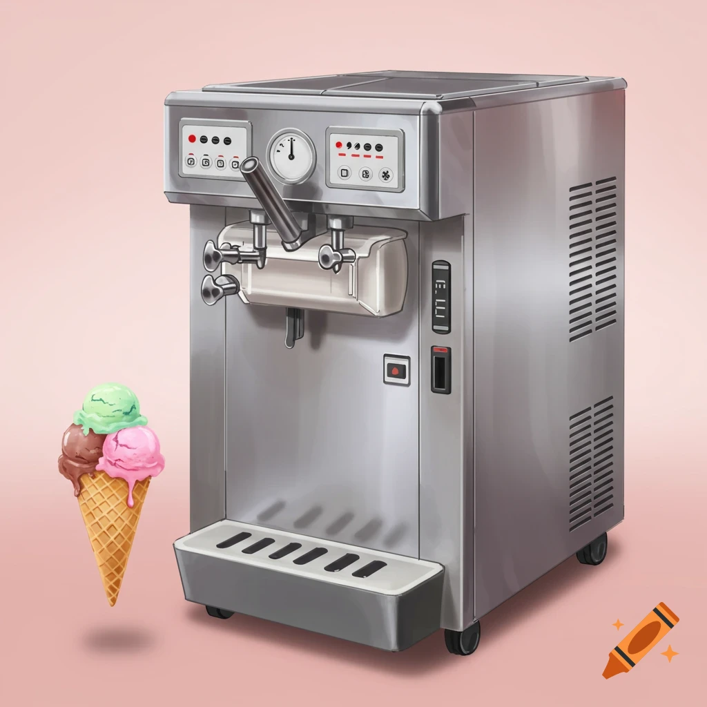 An ice cream machine next to a three-scoop ice cream cone. on Craiyon