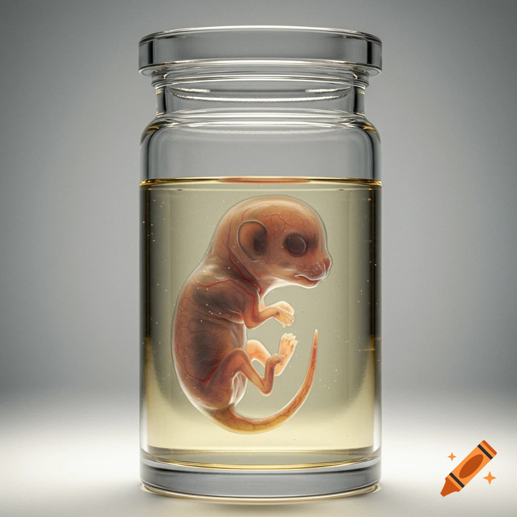 A stylized cat embryo is preserved in a glass jar filled with amber ...