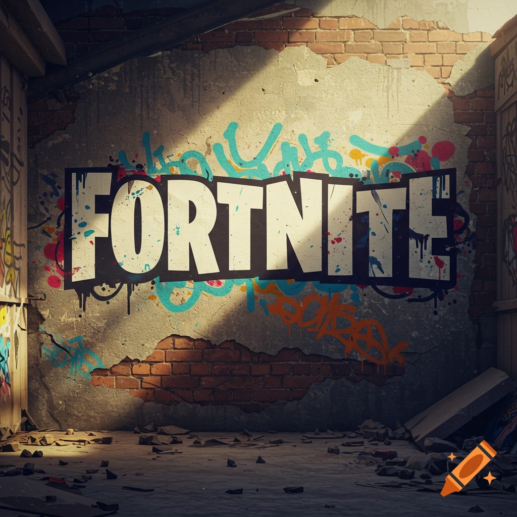 The Fortnite logo appears as graffiti on a cracked brick wall in a ...