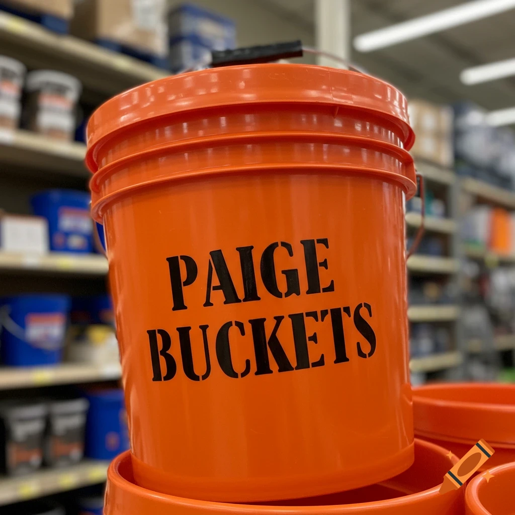 Home Depot bucket customized with 'Paige Buckets' and a face on Craiyon