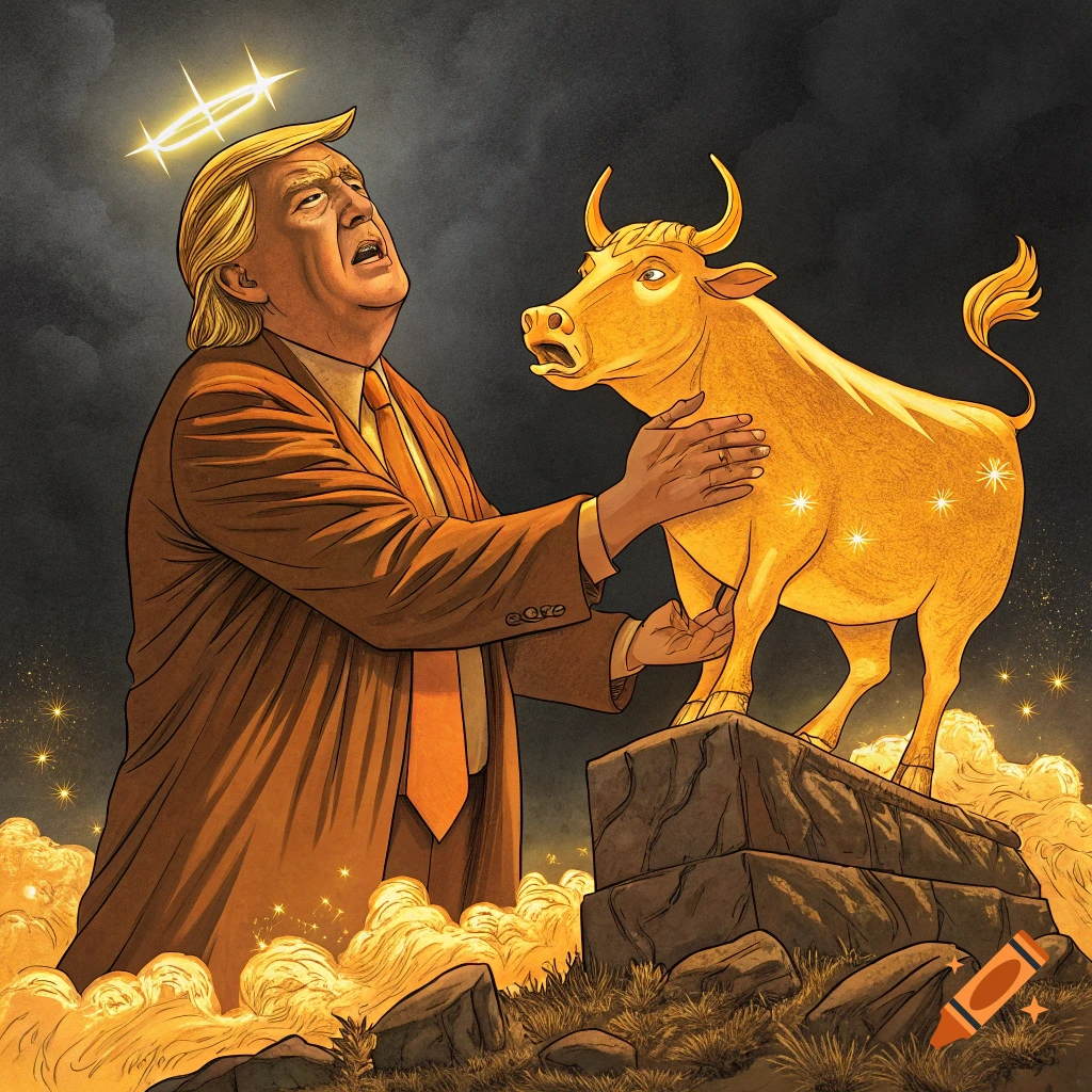 Far orange Trump as the god mammon with a golden calf on Craiyon