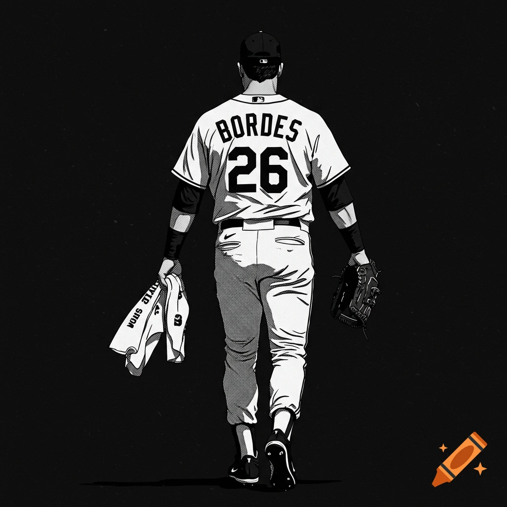 Black and white illustration of baseball player with BORDES on jersey ...