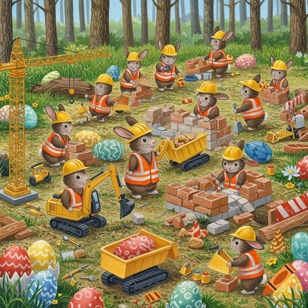 Whimsical illustration of bunnies in construction vests and hard hats ...