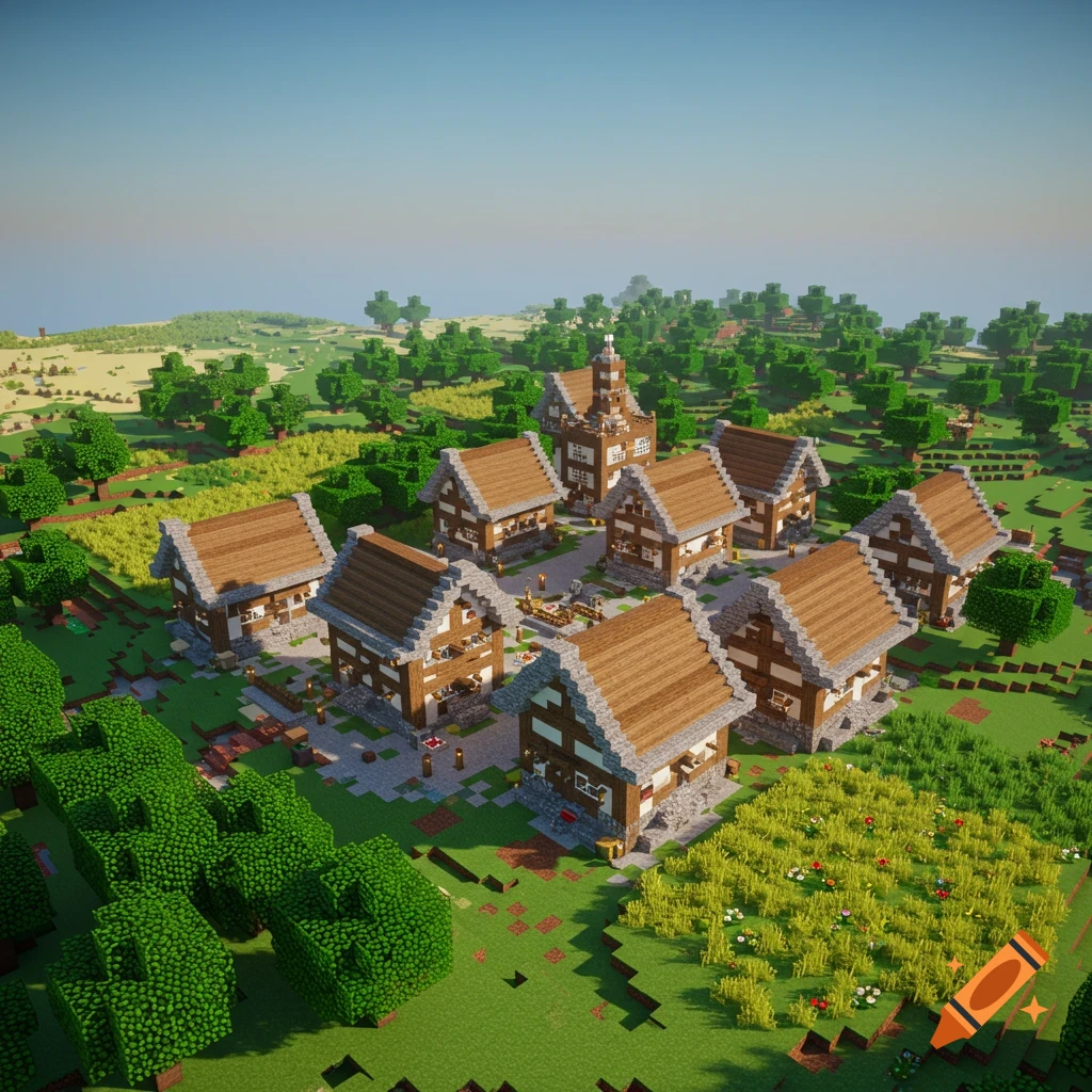 A detailed Minecraft village build featuring 'STORAGE' and 'ENCHANTING ...