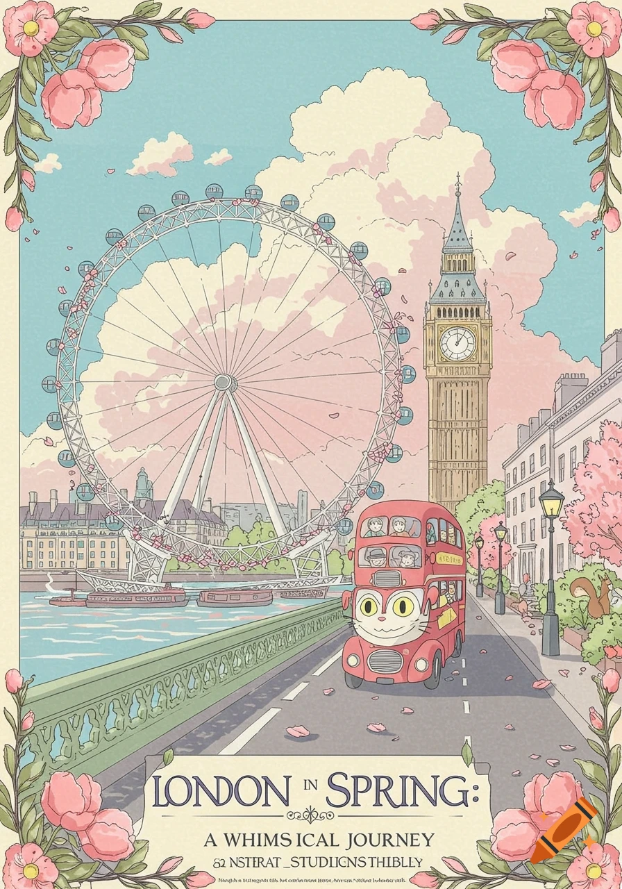 An anime-style illustration of the London Eye and Big Ben in spring ...