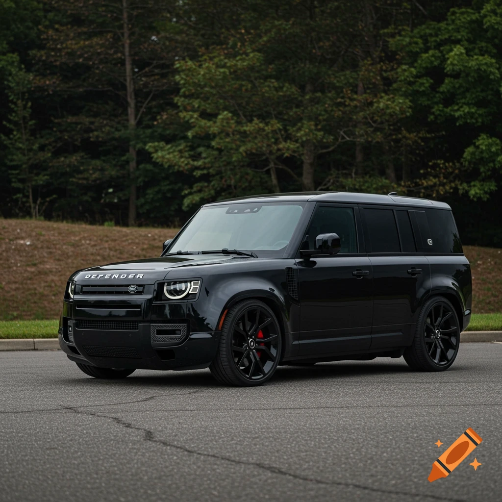 Black 2024 Land Rover Defender 130 slammed on black wheels on Craiyon