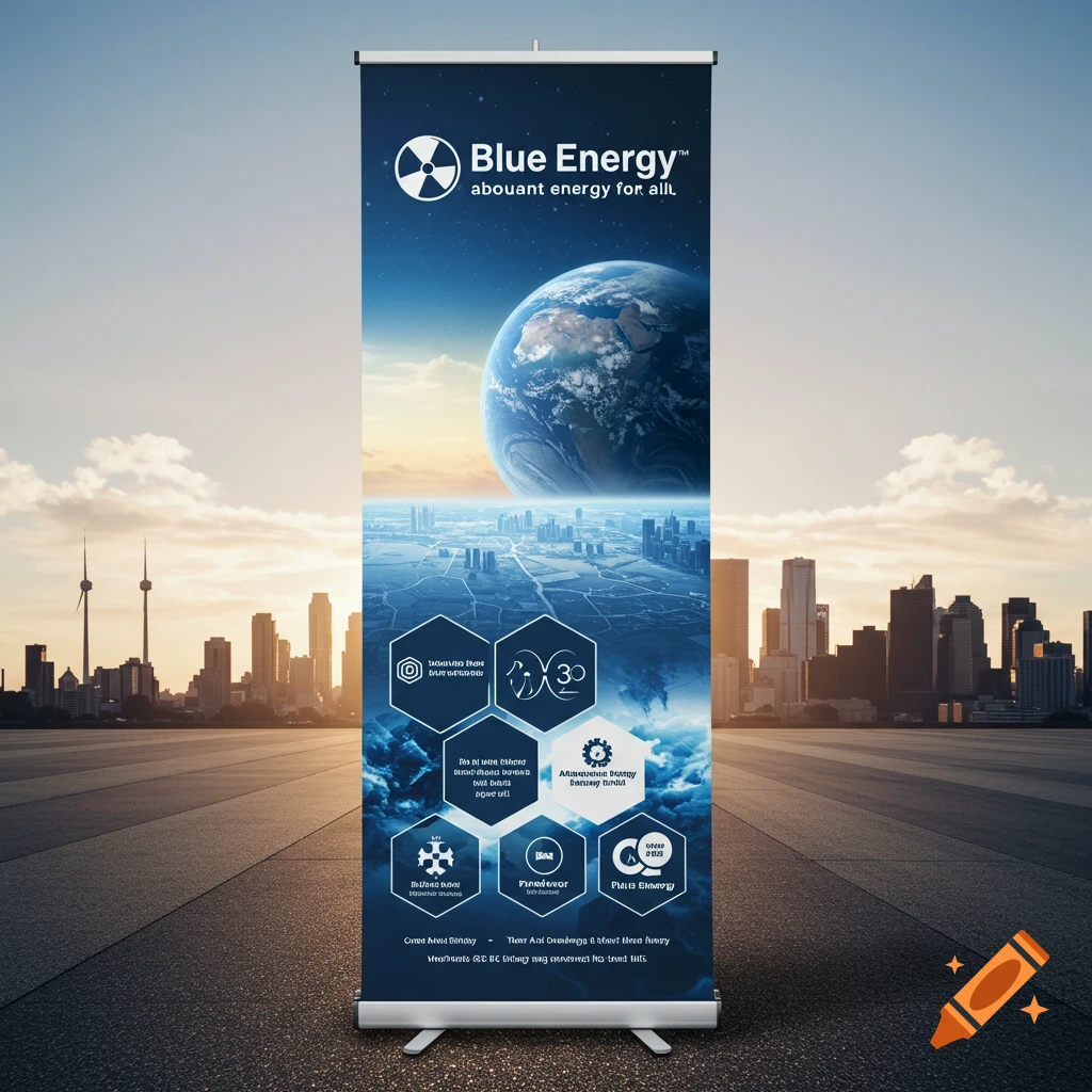 Blue Energy retractable vinyl banner with nuclear themes on Craiyon