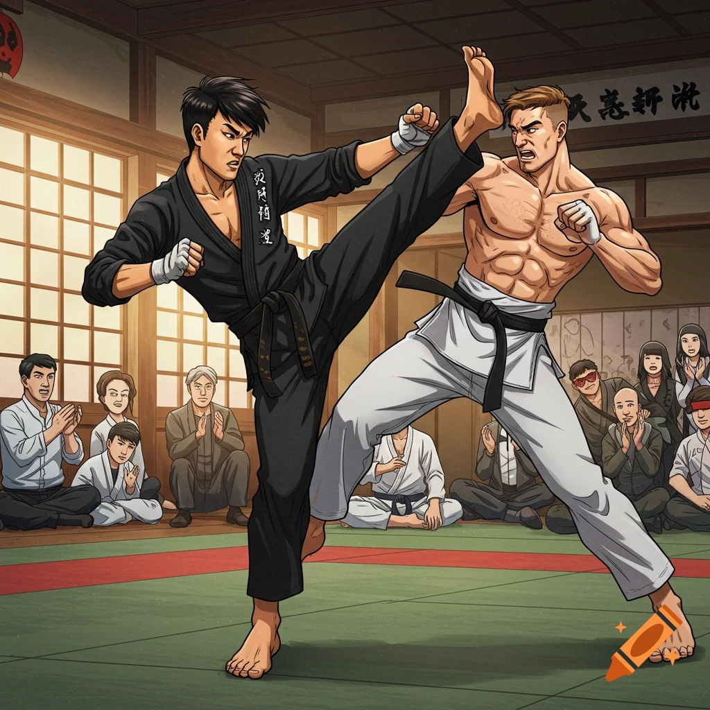 Illustrative rendering of a muscular man in a martial arts pose ...