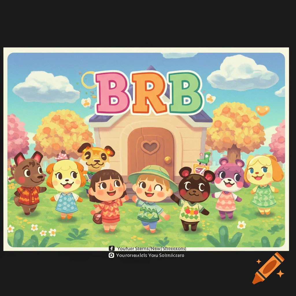 Animal Crossing characters pose in front of a house with BRB text above ...