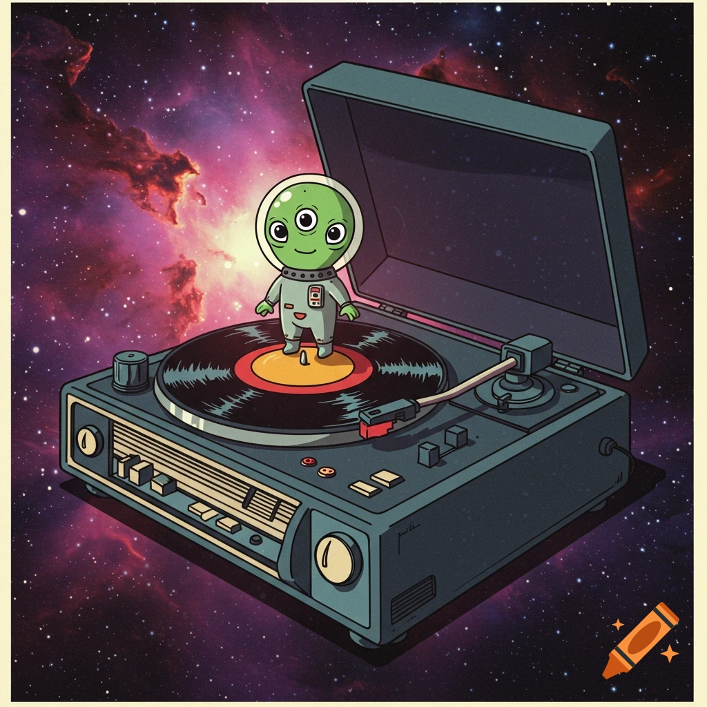 A cartoon alien stands on a record player in space. on Craiyon