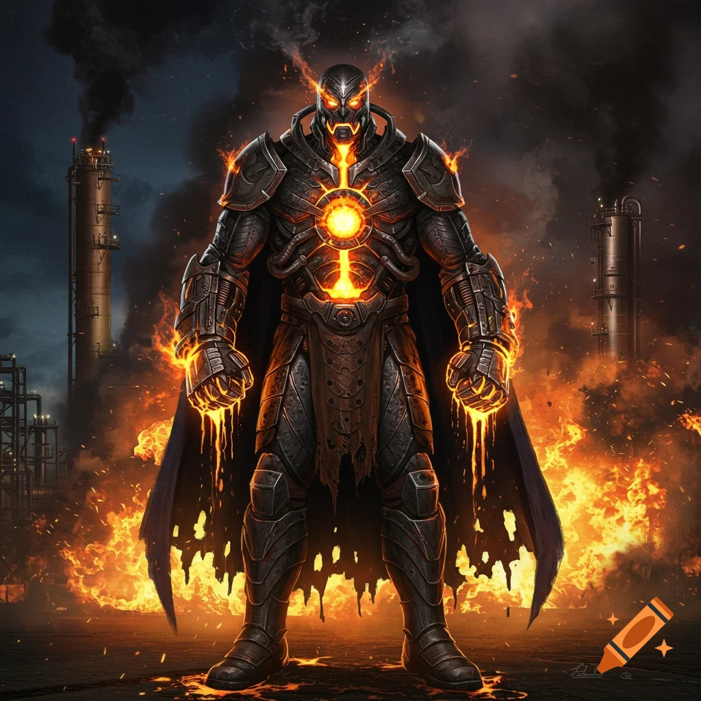 Menacing supervillain in scorched black metal suit with fiery furnace ...