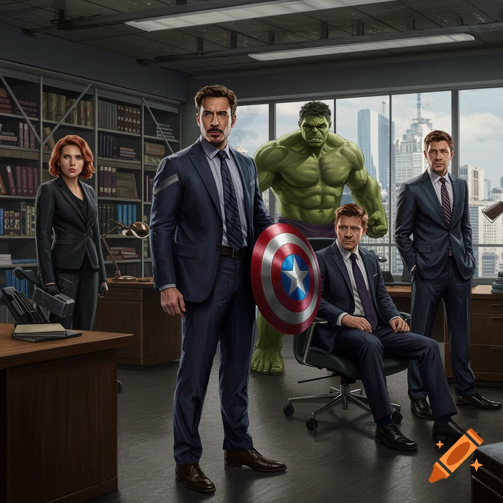 The Avengers in business attire working in an office on Craiyon