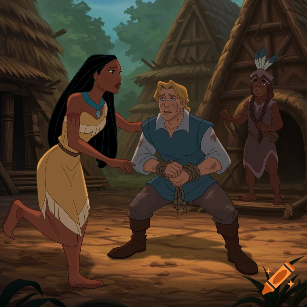Pocahontas and John Smith scene from the 1995 Pocahontas movie on Craiyon