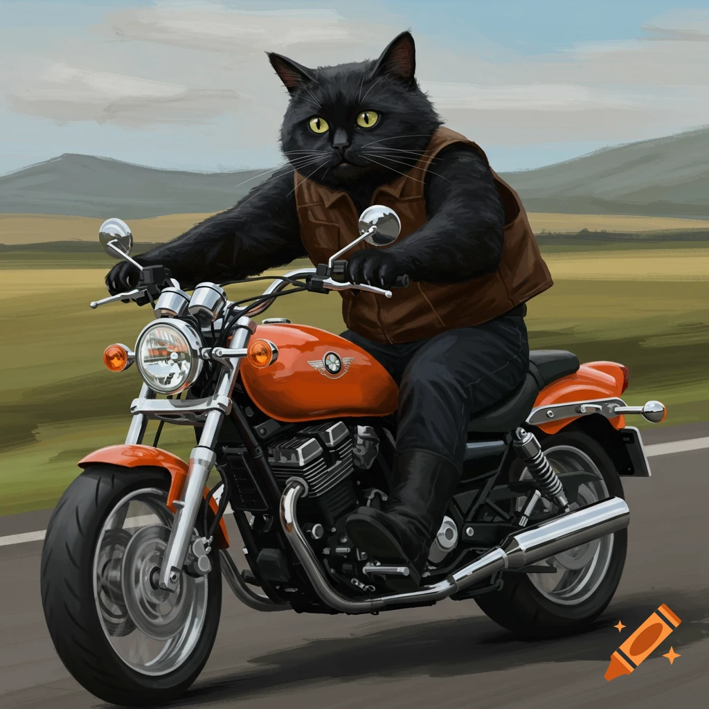 Black cat riding a motorcycle on Craiyon