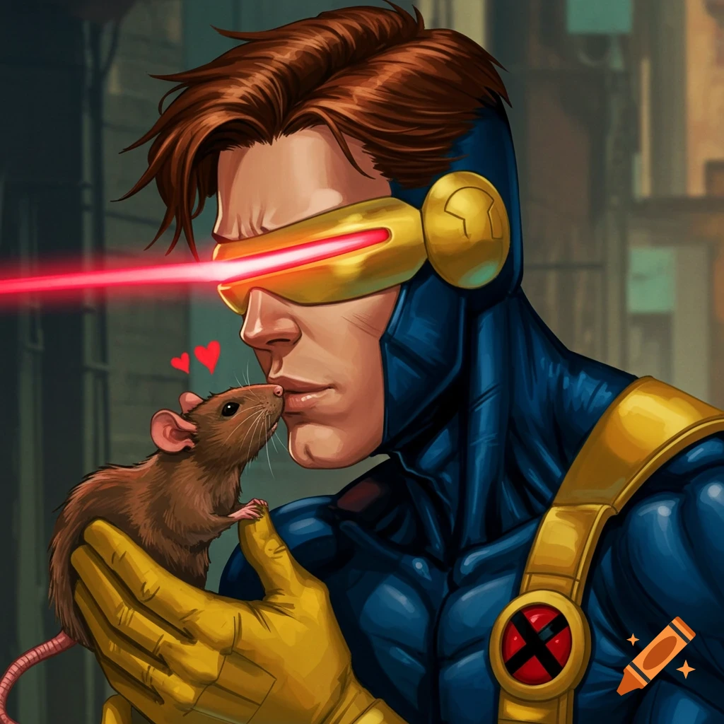Cyclops from X-Men kissing a rat on Craiyon