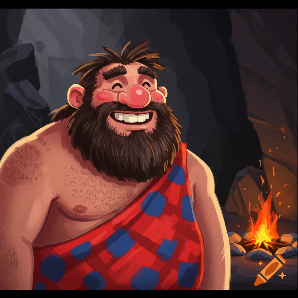 A smiling cartoon caveman sits by a campfire in a cave. on Craiyon
