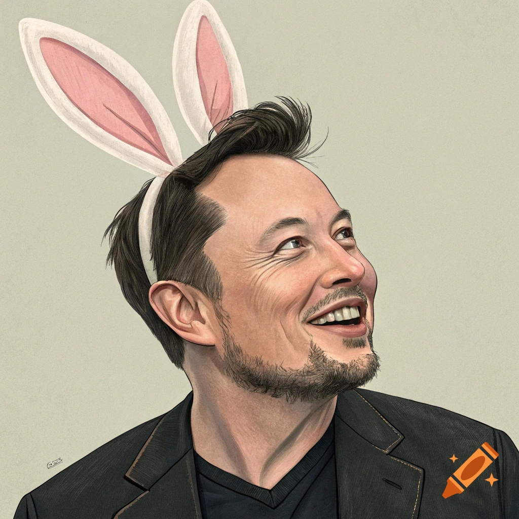 Caricature illustration of Elon Musk wearing bunny ears and smiling. on ...