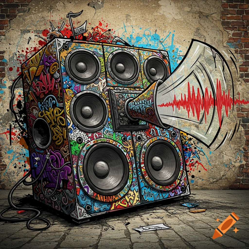 Highly detailed graffiti-style speaker system blaring loud music on Craiyon