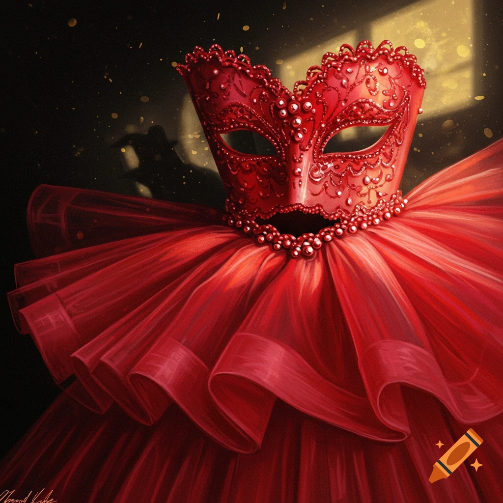 A red masquerade mask rests on a red tulle dress. on Craiyon