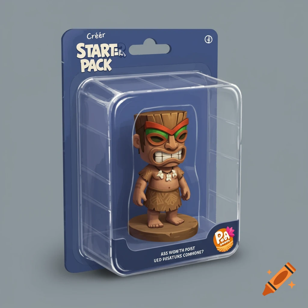 3D-styled cartoon figurine with tiki shirt in starter pack packaging on ...
