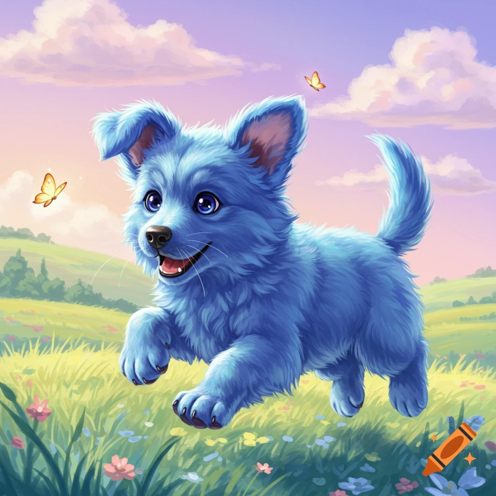 A blue puppy with floppy ears runs through a field of wildflowers ...