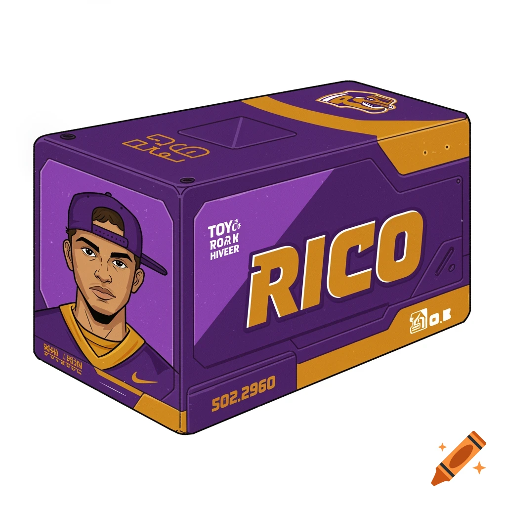 Toy box design featuring a portrait of Rico in purple and gold on Craiyon