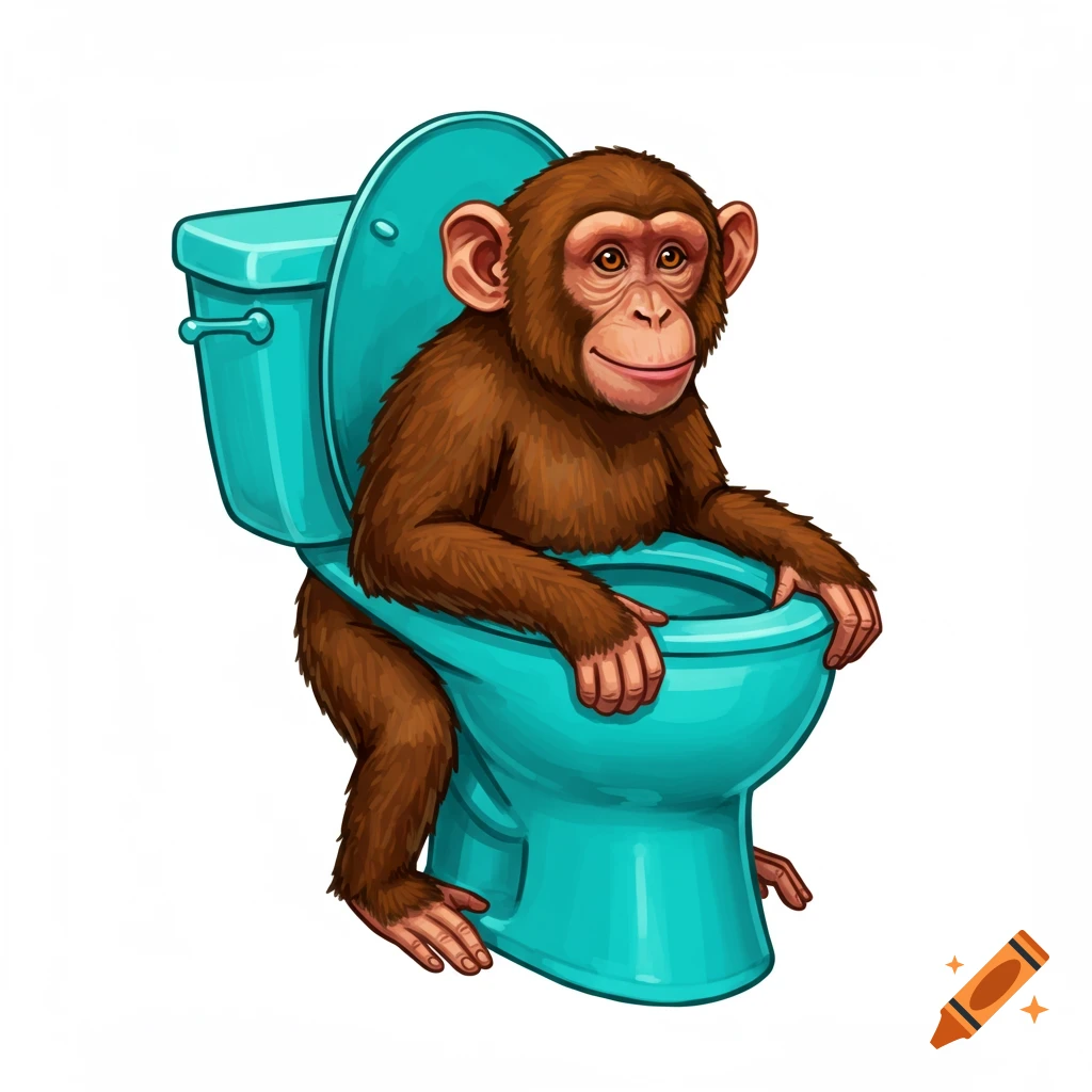 A cartoon illustration of a brown monkey sitting on a bright blue ...