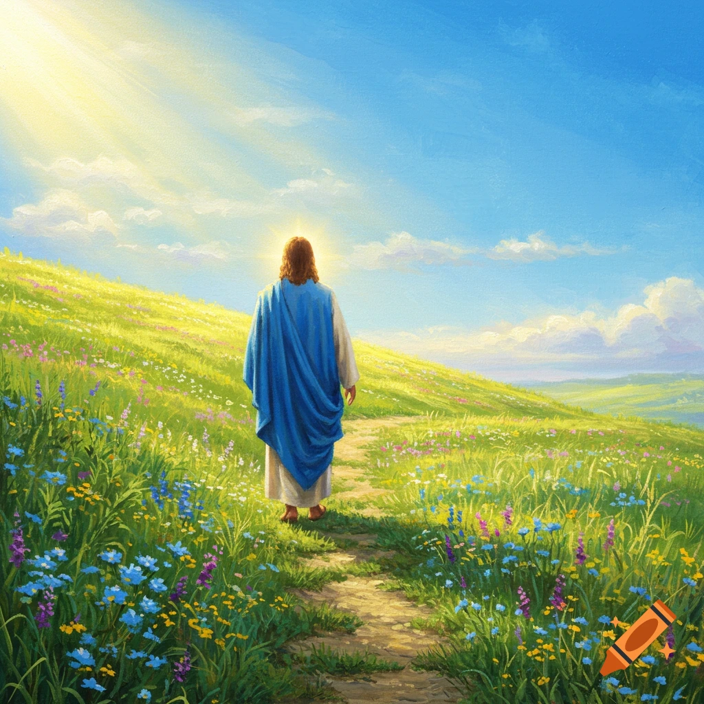 Jesus walking on a green meadow path under sunlight on Craiyon