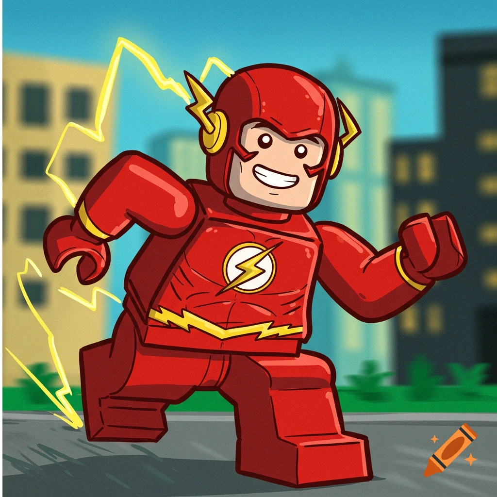 A LEGO-style cartoon drawing of The Flash running. on Craiyon