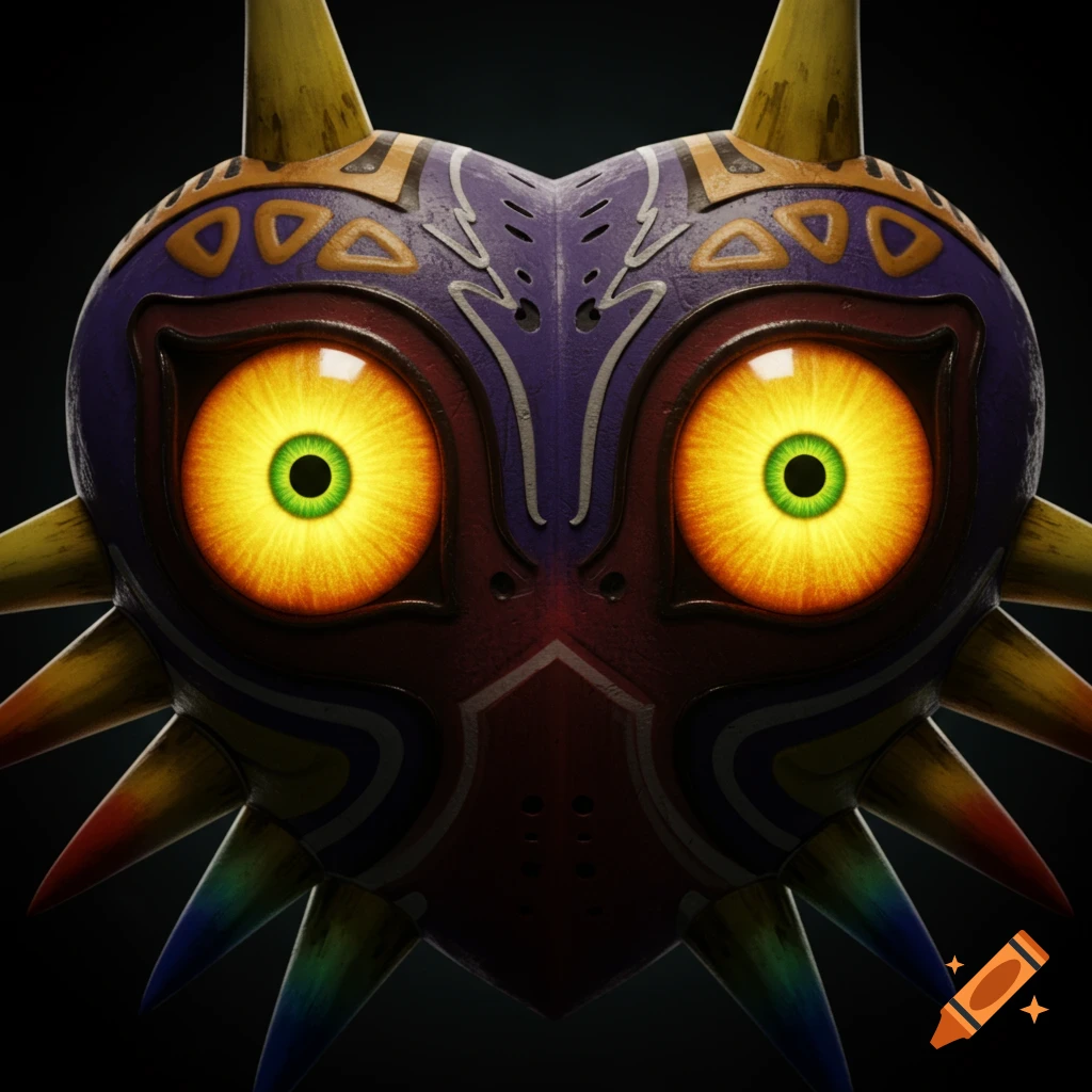 A vibrant, detailed close-up of Majora's Mask with glowing eyes against ...