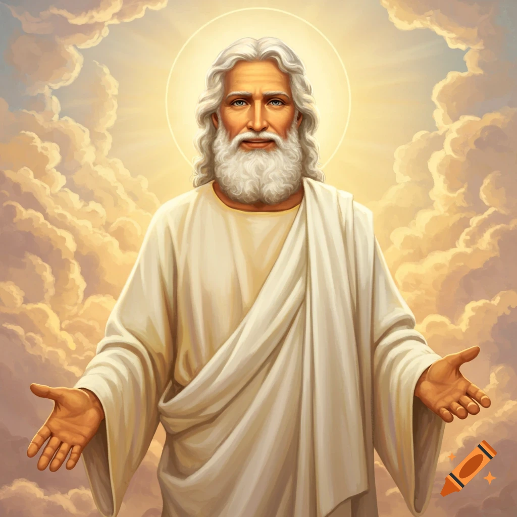 Jesus in white robes welcoming a woman in casual attire on Craiyon