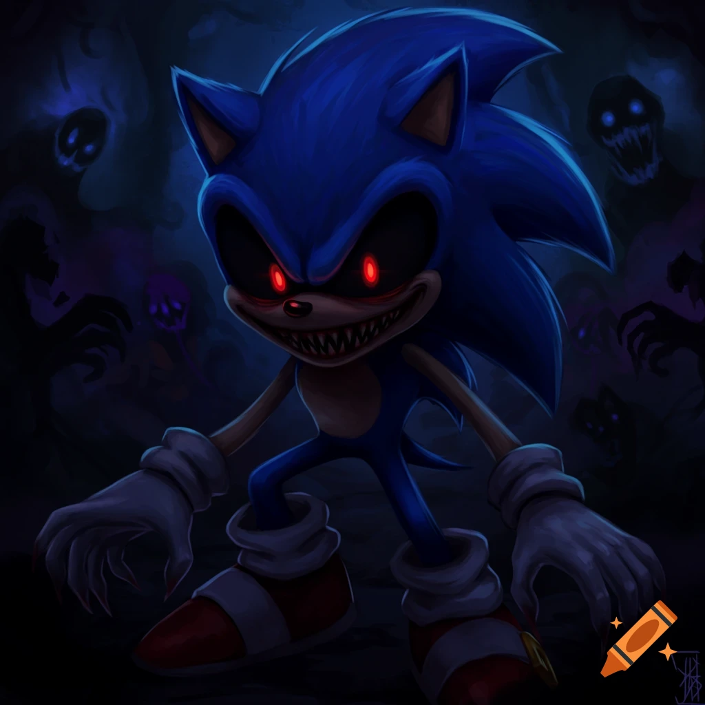 A creepy Sonic.exe character with glowing red eyes, sharp teeth, and blood on his face and hands ...