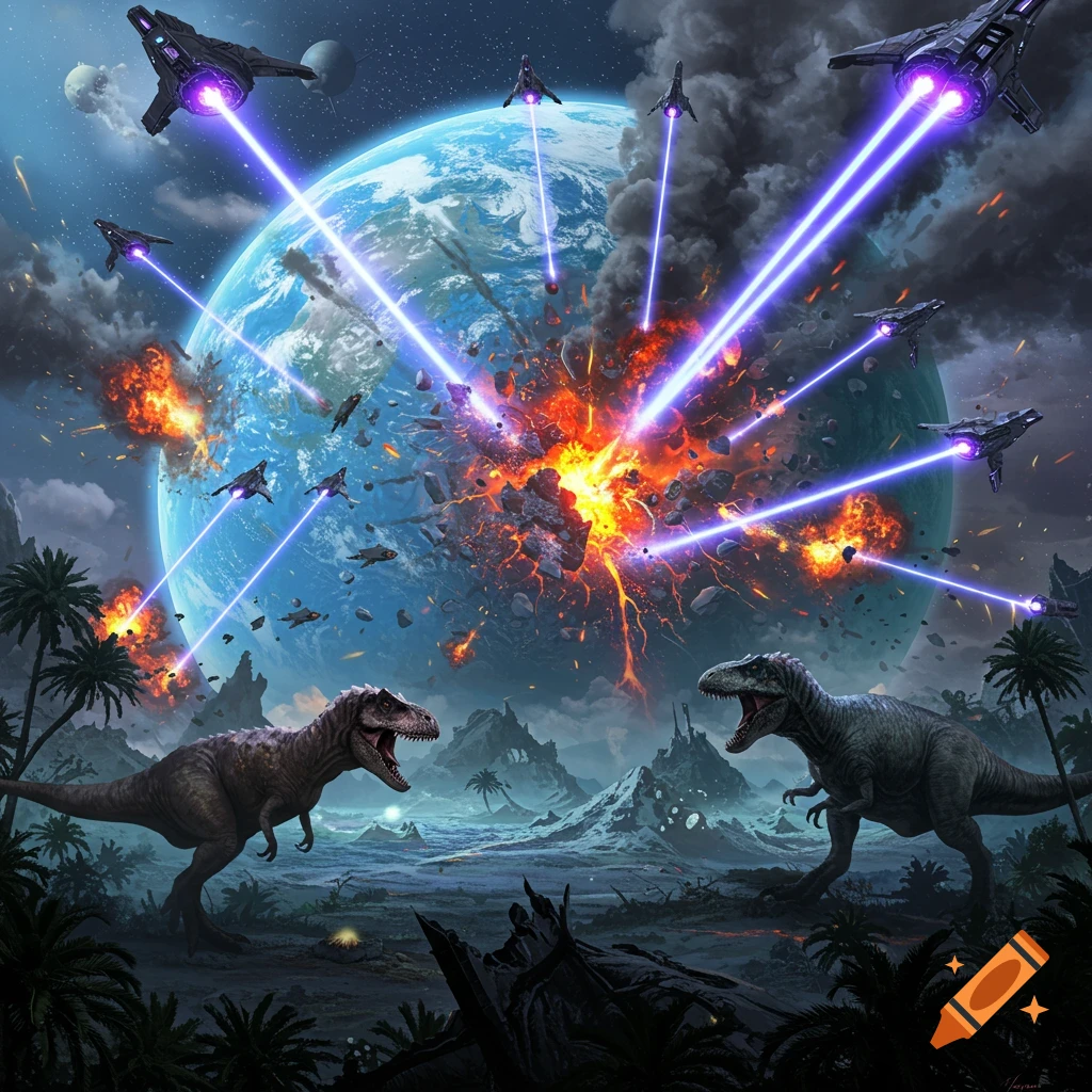 Dinosaurs fight aliens who are attacking a planet with laser beams. on ...