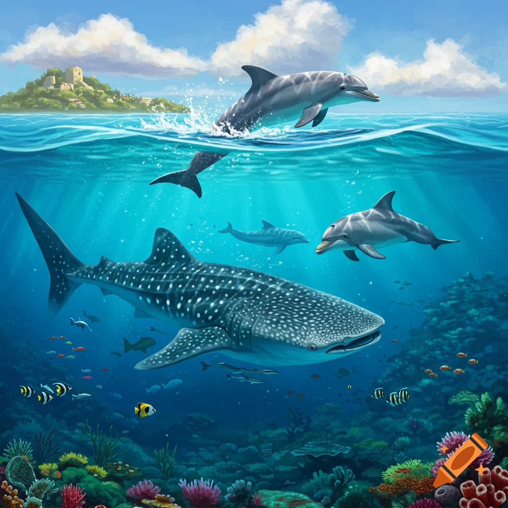 A whale shark wearing a striped party hat, swimming underwater over a colorful coral reef. on ...