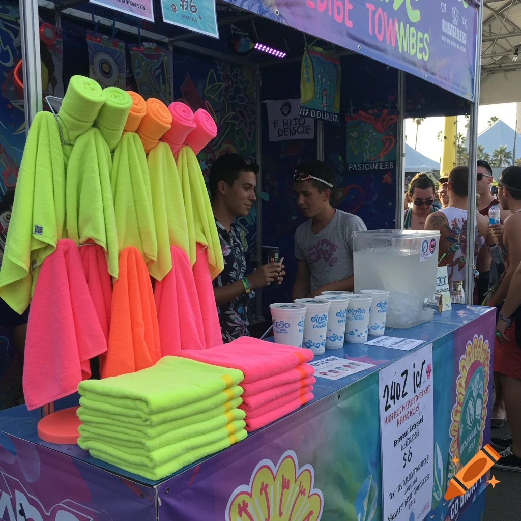 Vibrant vendor booth at EDC with neon pink, yellow, and green cooling ...
