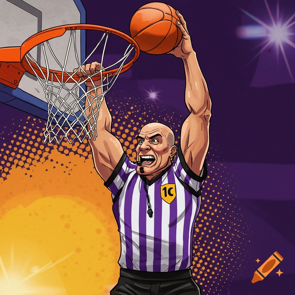 Referee in purple and yellow uniform dunking on Craiyon