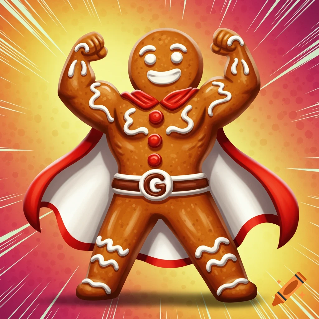 A digital illustration of a flexing superhero gingerbread man wearing a ...