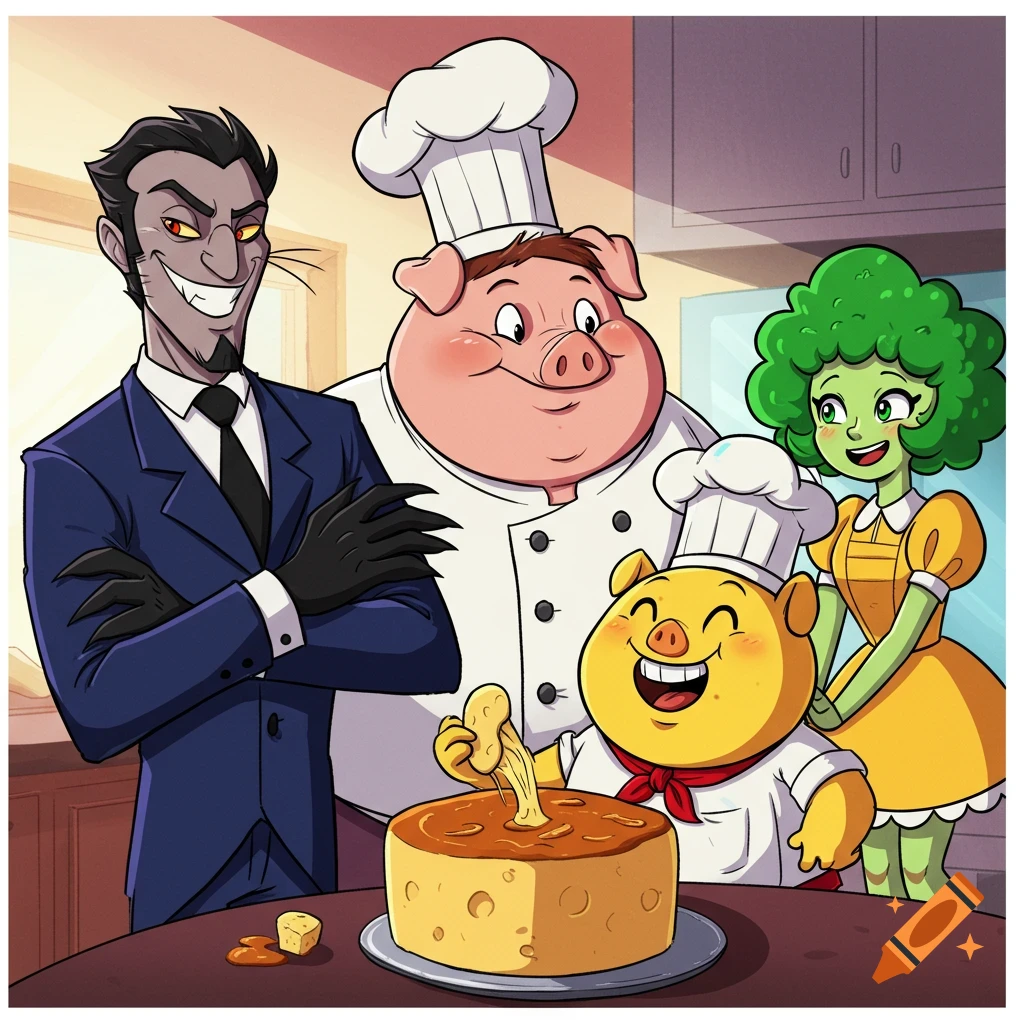 Drawing of Simon Claw, John Pork, and Tim Cheese on Craiyon