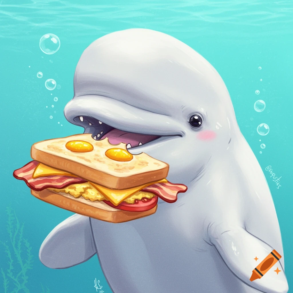 Cartoon beluga whale eating a breakfast sandwich underwater. on Craiyon