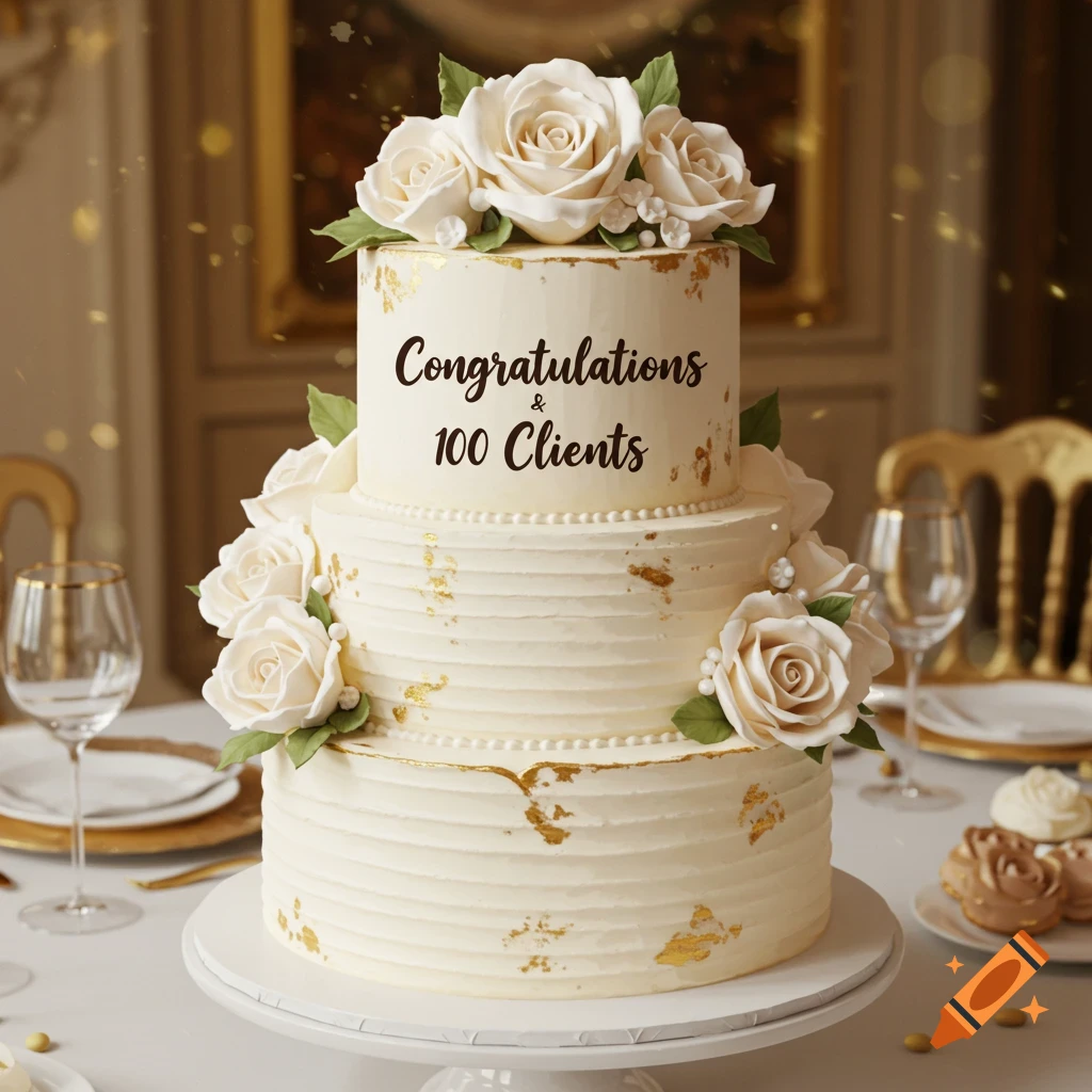 Realistic cake with 'Congratulations, 100 Clients' message on Craiyon