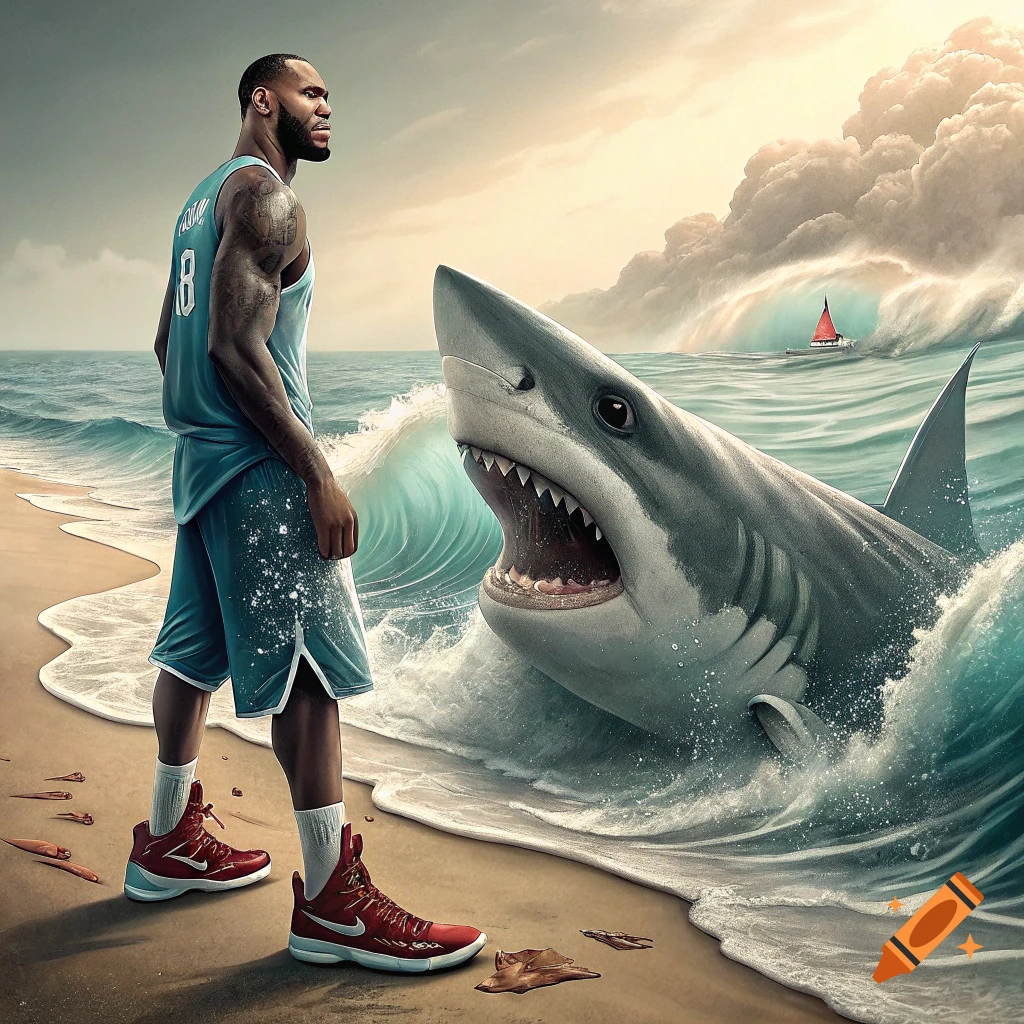 LeBron James standing next to a shark wearing shoes on Craiyon