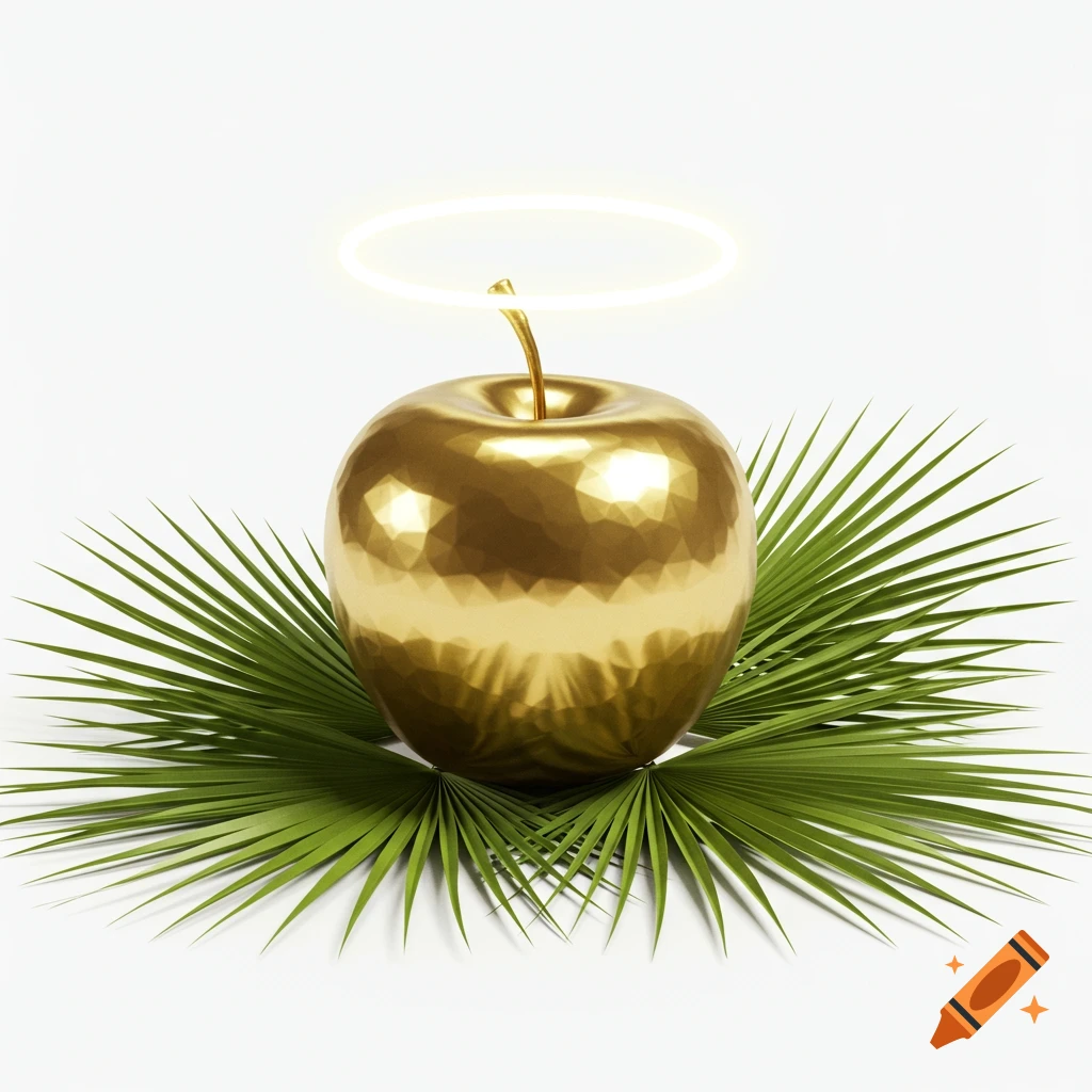 Metallic golden apple with halo on palm fronds on Craiyon