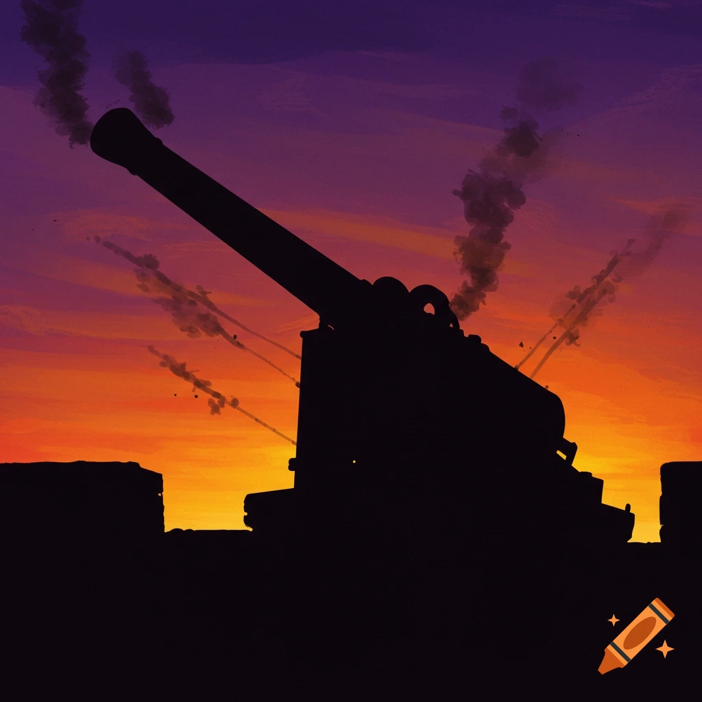 Silhouette of a large wall cannon firing smoke against a vibrant sunset ...