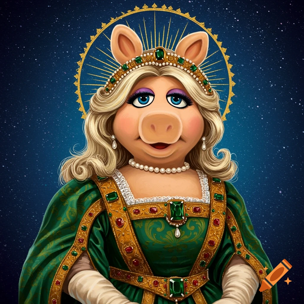 Miss Piggy in an ornate green and gold dress and crown with a halo ...