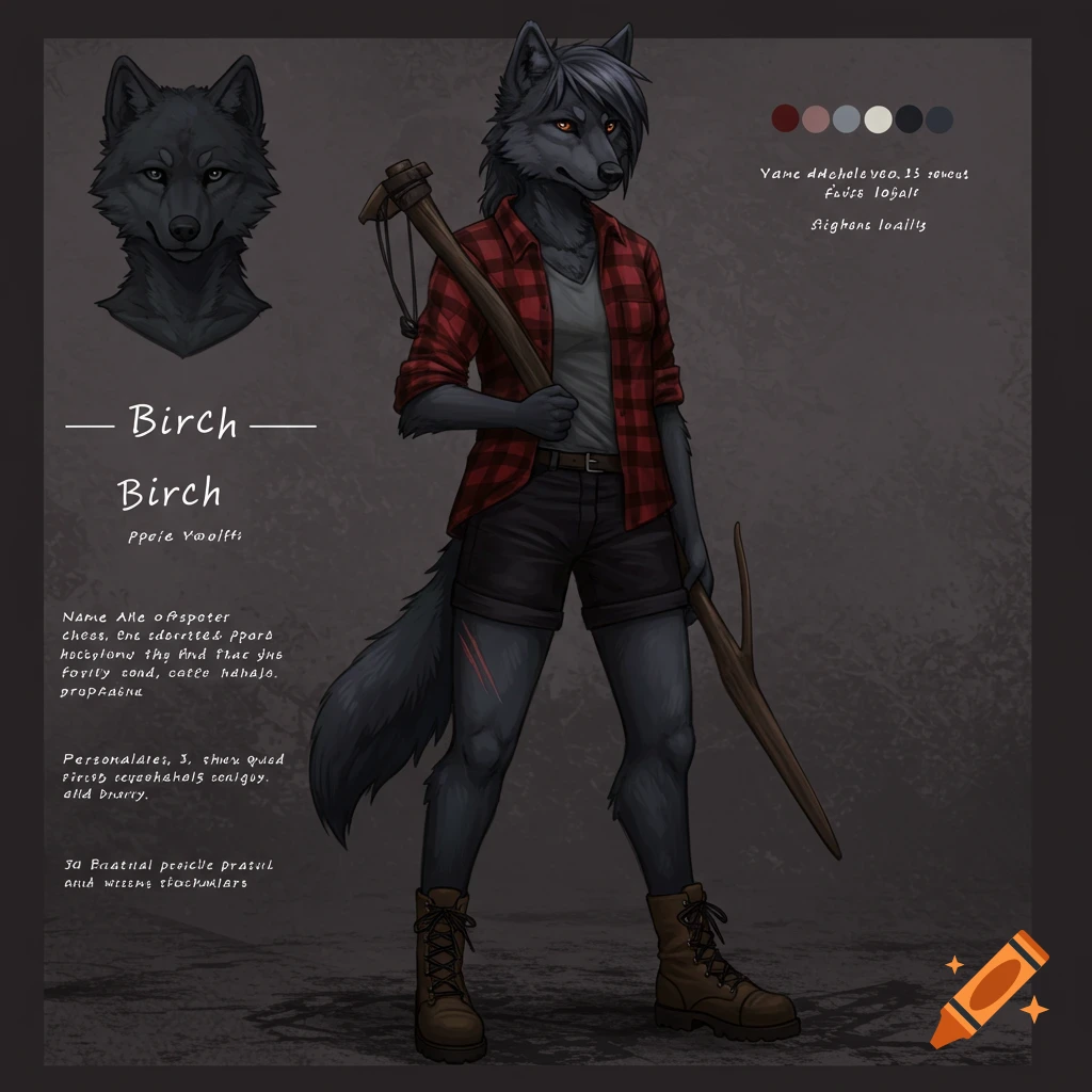 Dark gray and black timber wolf character with scars on right hand on ...