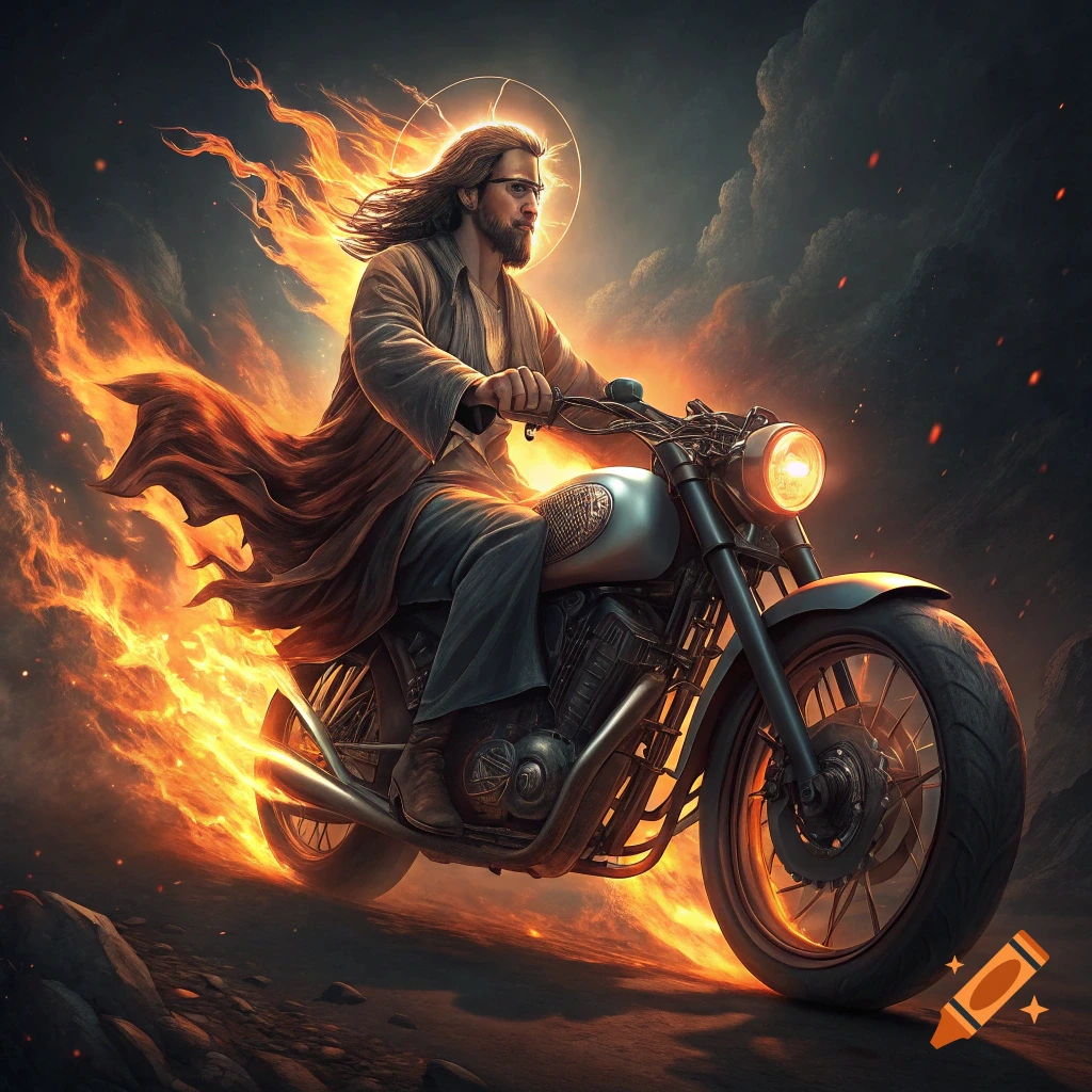 Middle-aged man on adventure motorcycle loaded with luggage on Craiyon